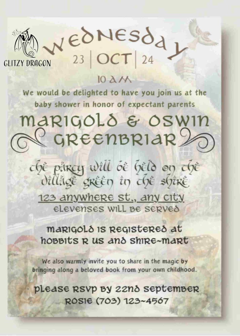 Bag End Baby Shower Hobbit Themed Party Invitation CUSTOMIZABLE Lord of ...