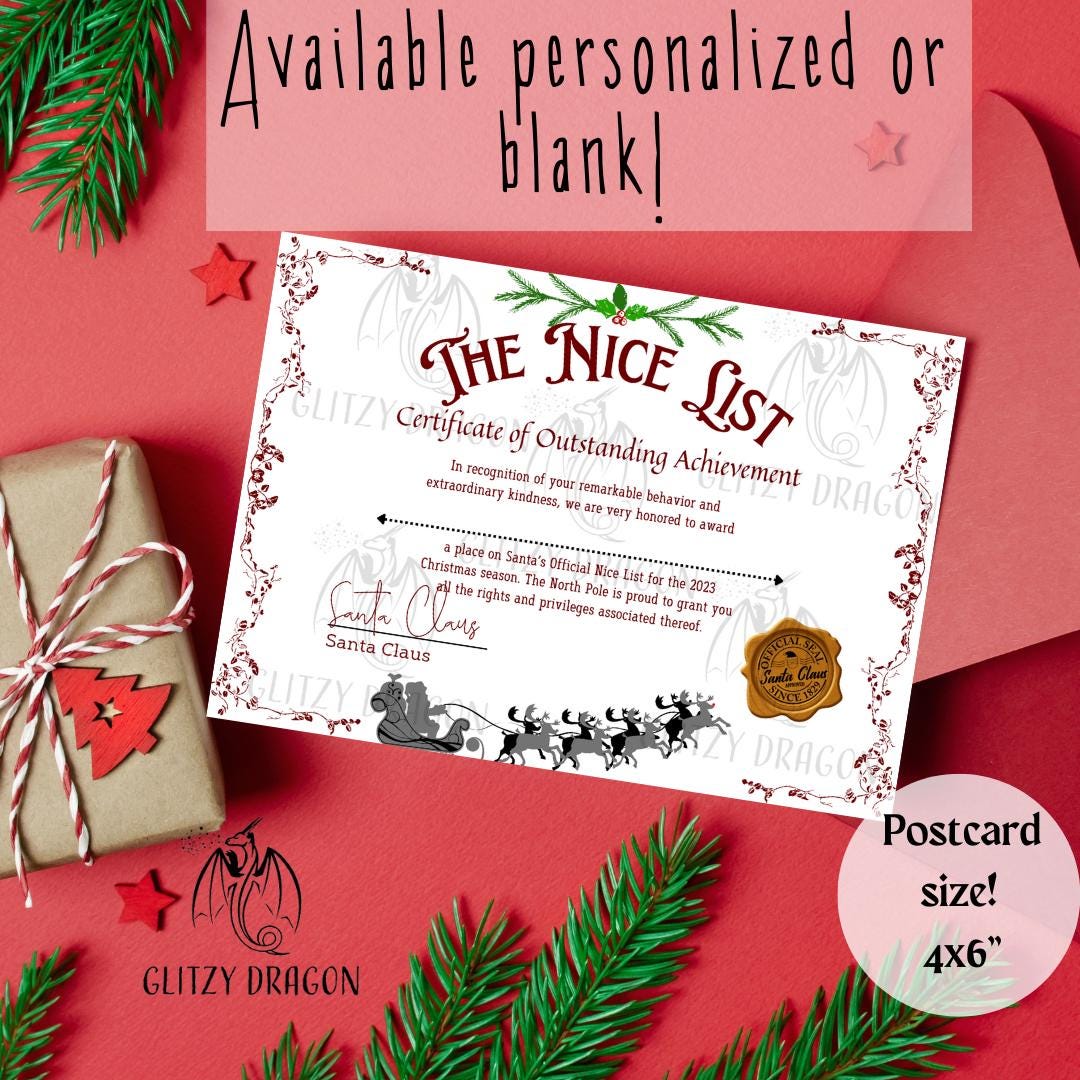 Santas Official Nice List Certificate Christmas Card Personalized ...