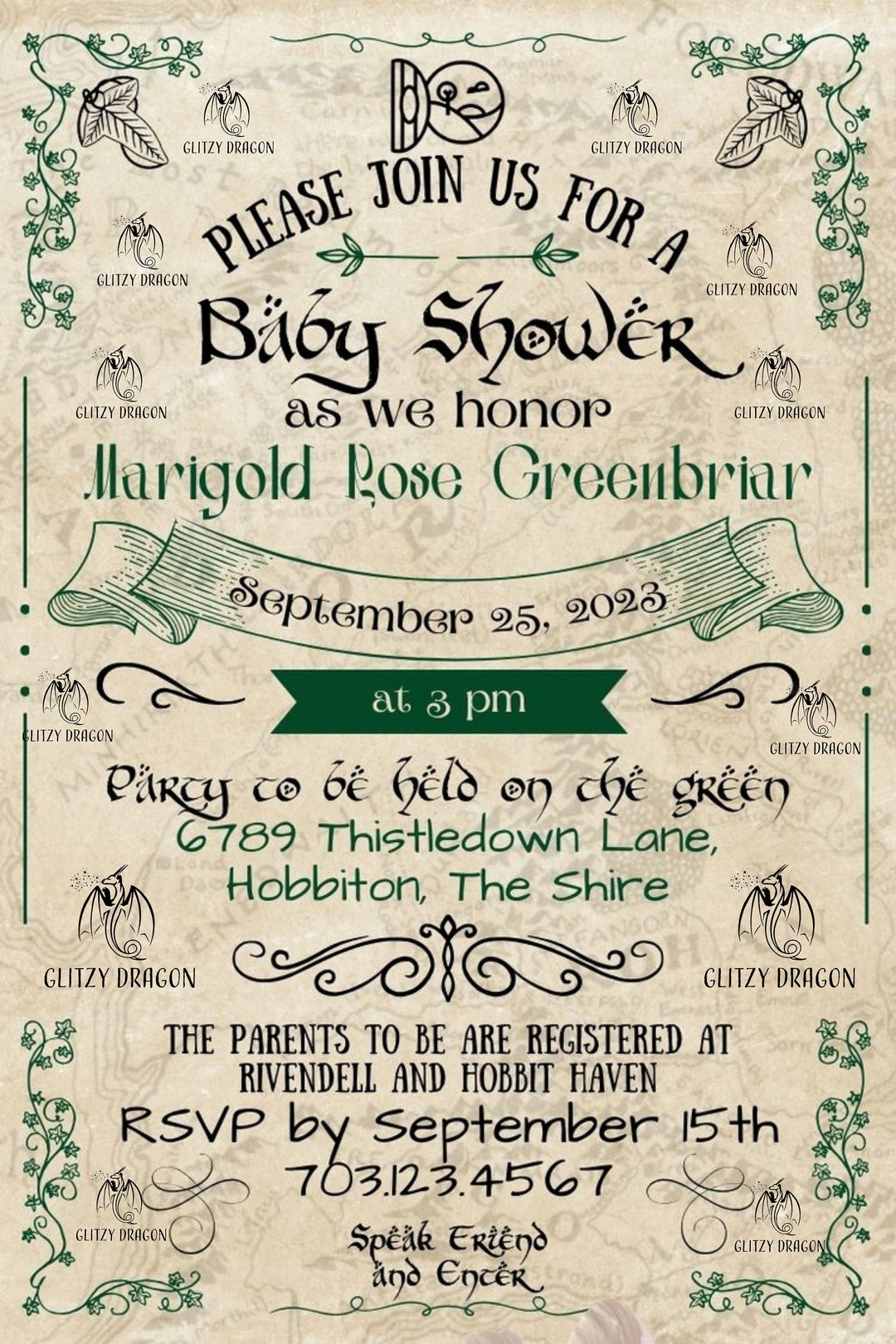 Baby Shower Hobbit Themed Party Invitation CUSTOMIZABLE Lord of the ...