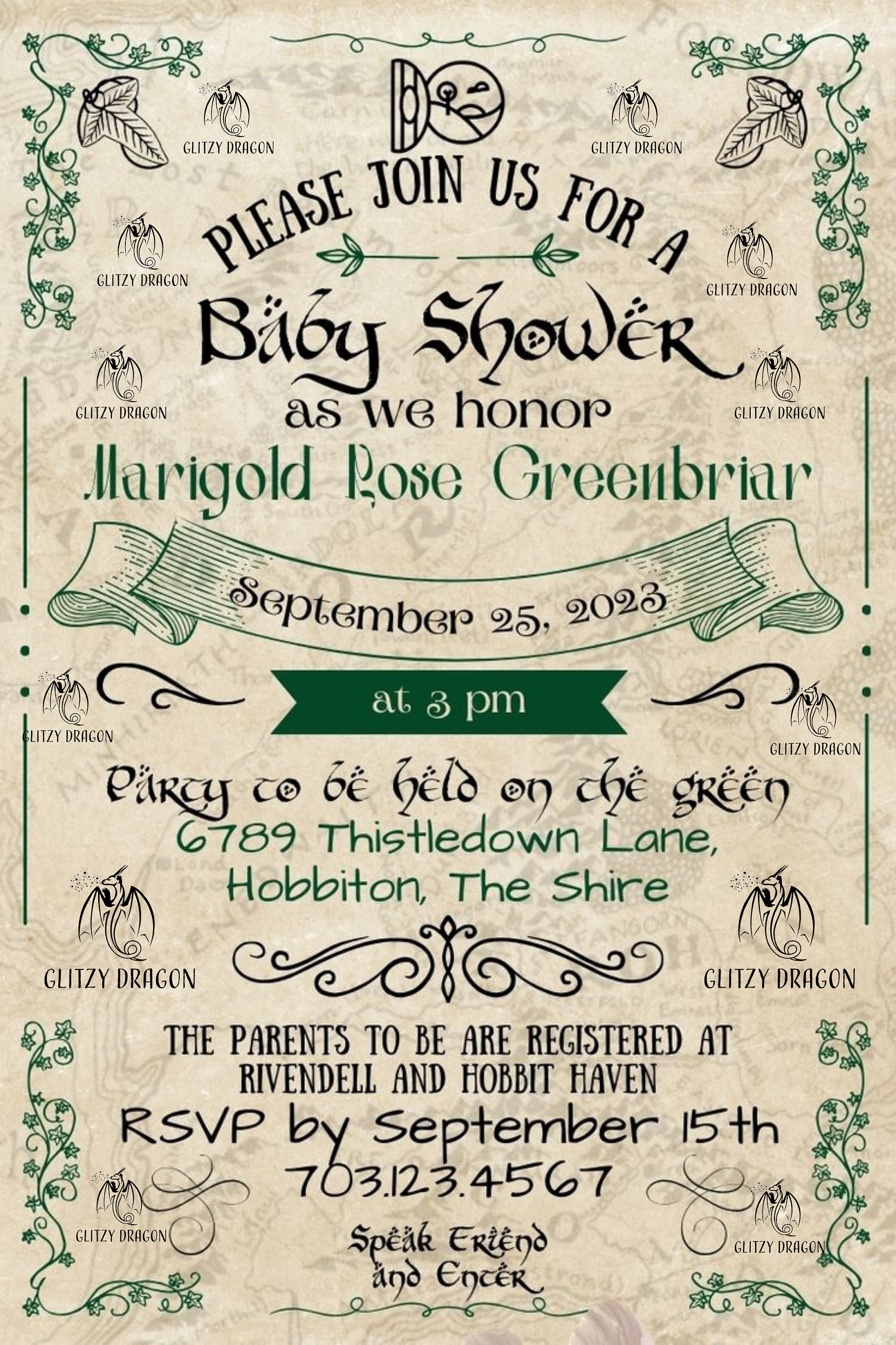 Baby Shower Hobbit Themed Party Invitation CUSTOMIZABLE Lord of the ...