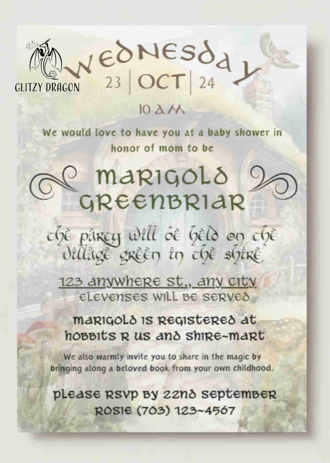 Bag End Baby Shower Hobbit Themed Party Invitation CUSTOMIZABLE Lord of ...