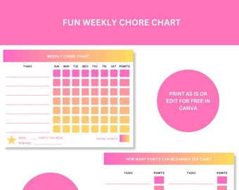 Colorful Chore Chart for Kids Downloadable Editable Printable Simple ...