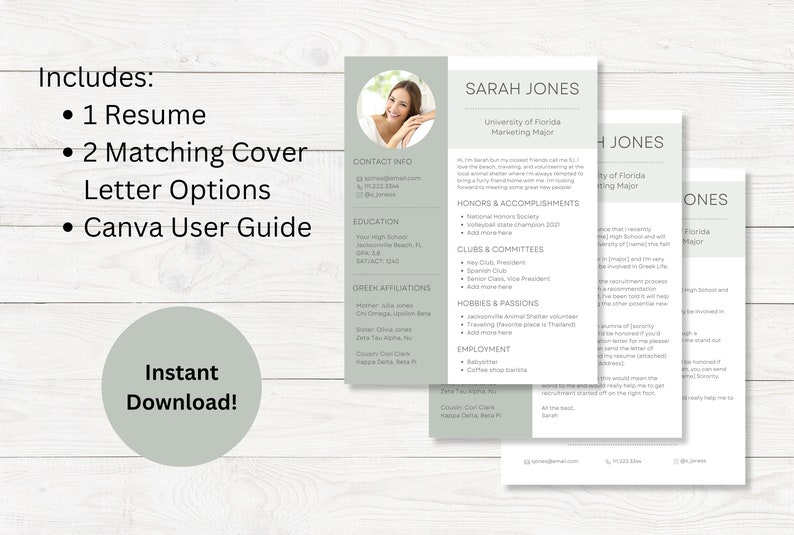 Sorority Rush Resume Template | Sage Green Sorority Resume | Minimalist ...