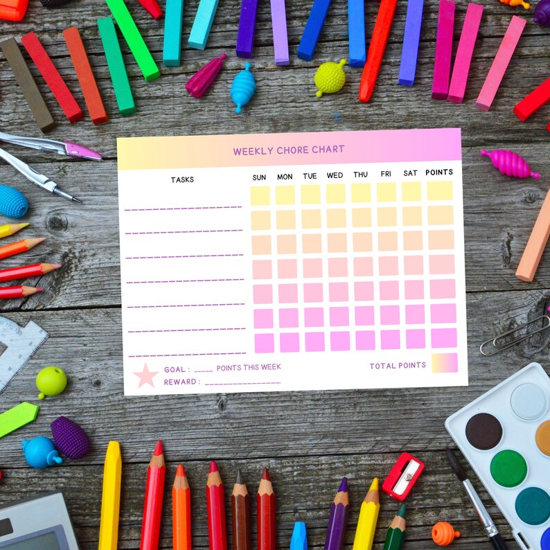 Colorful Chore Chart for Kids Downloadable Editable Printable Simple ...