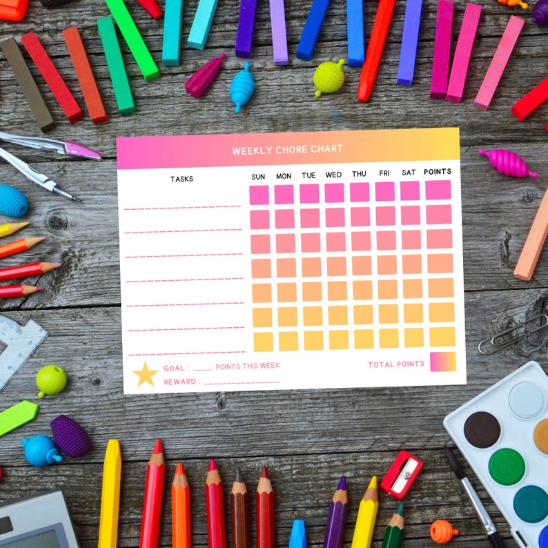 Colorful Chore Chart for Kids | Downloadable Editable Printable Simple | Minimal Chore Chart ...