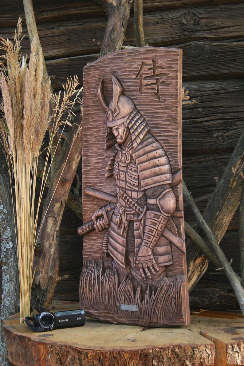 Hand Carved Wood Samurai Painting, Japanese Warrior Wall Art, Ronin ...