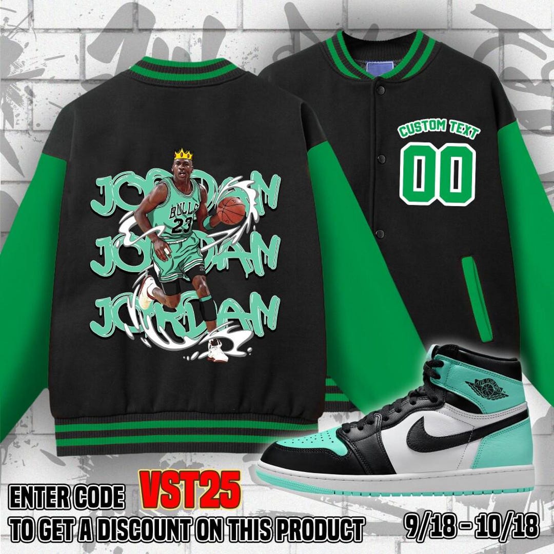 Custom AJ 1 High OG Green Glow Unisex Varsity Jacket, MJ Fantastic ...