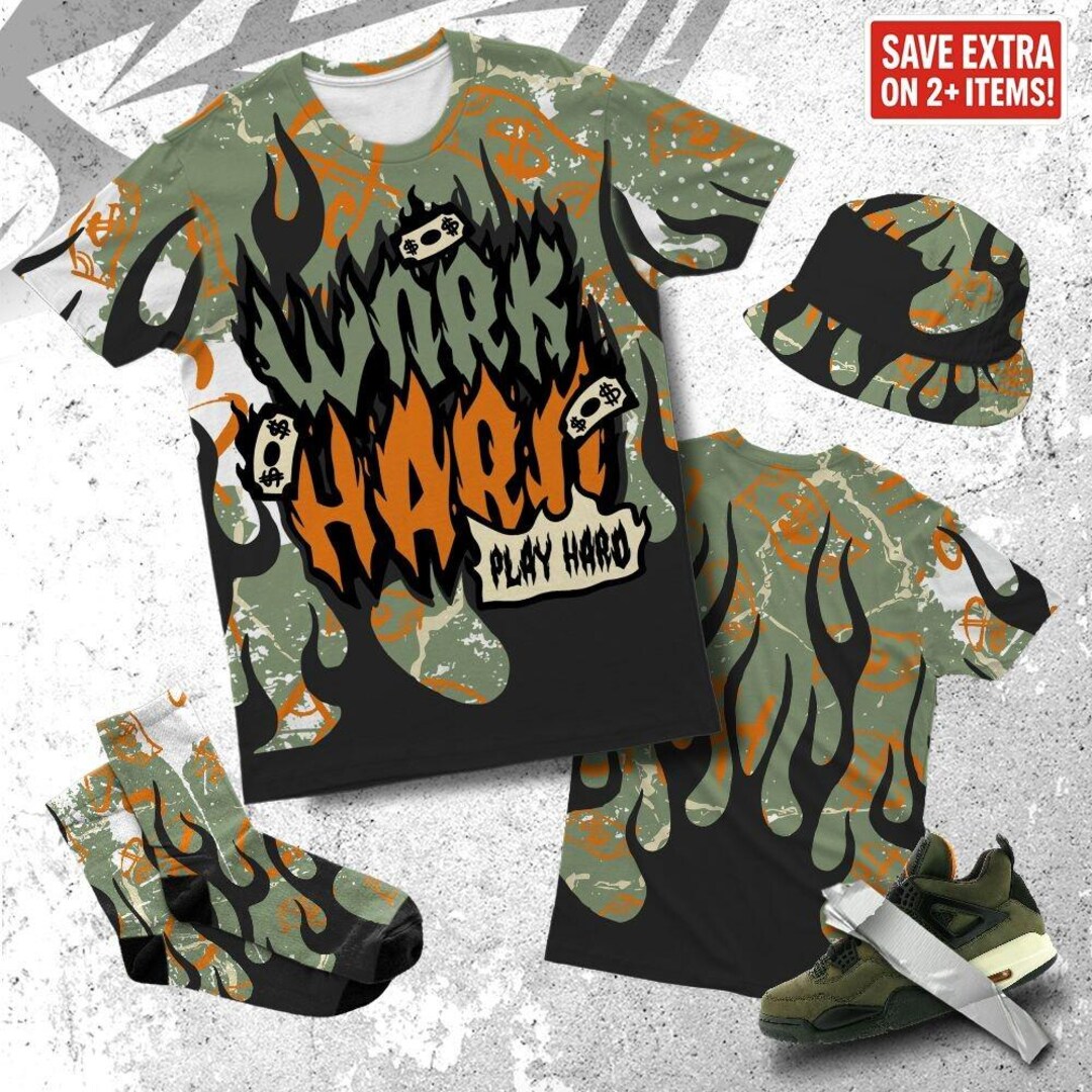 AJ 4 Undefeated Work Hard Fire 3D T-shirt, Sweatshirt, Hoodie, Socks ...