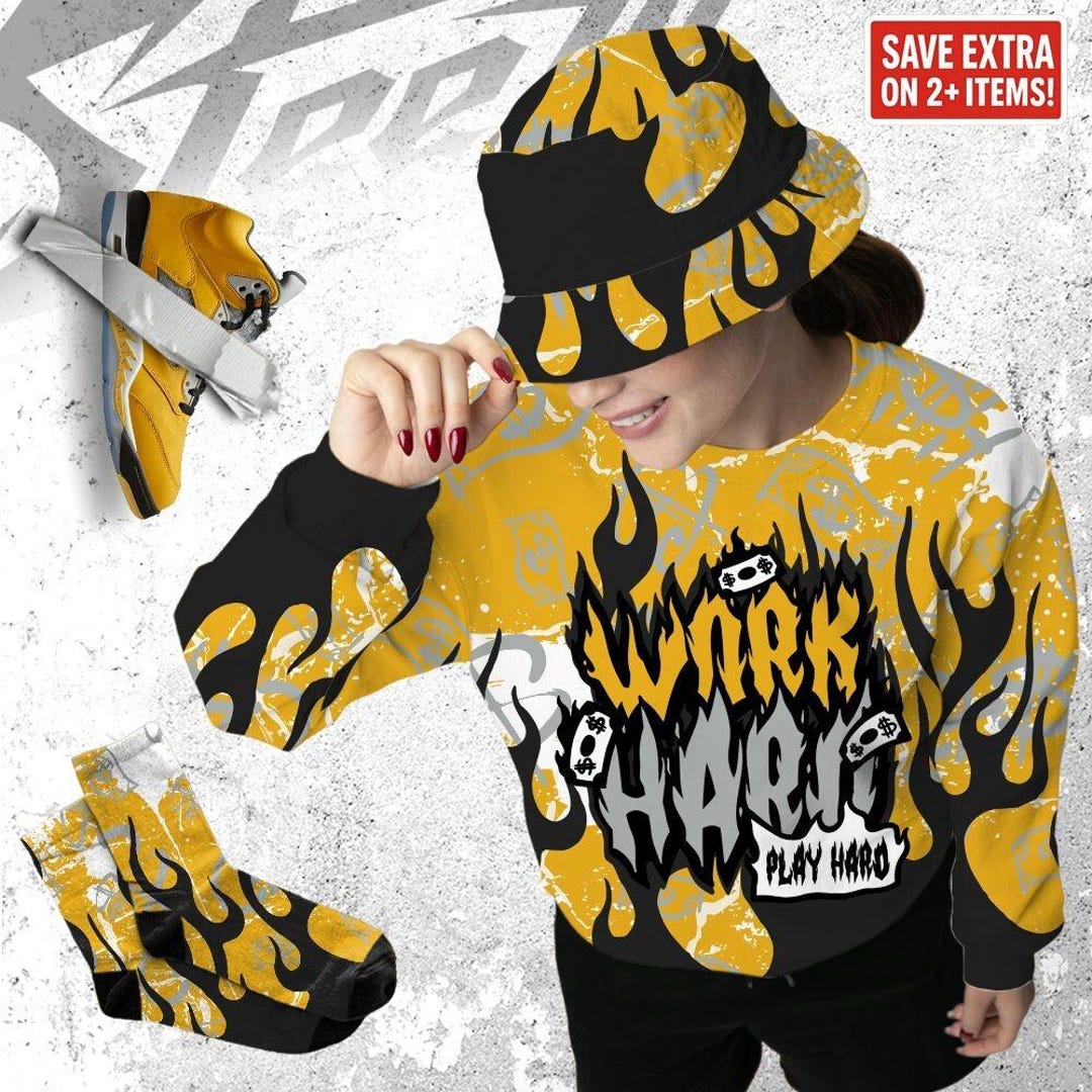 AJ 5 Tokyo 23 Work Hard Fire 3D T-shirt, Sweatshirt, Hoodie, Socks, Hat ...