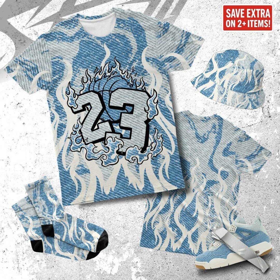AJ 4 Denim Worn Blue 23 Burning Fire 3D T-shirt, Sweatshirt, Hoodie ...