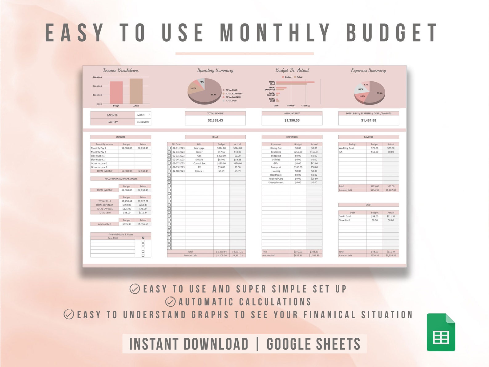 Annual Budget Spreadsheet, Google Sheets Budget Template, Bill Calendar ...