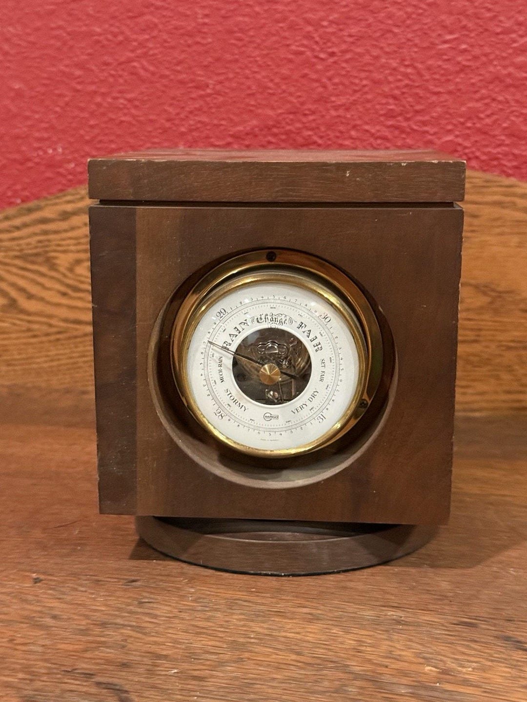 Vintage Walnut and Brass Swiveling Tabletop Weather Station Cube ...