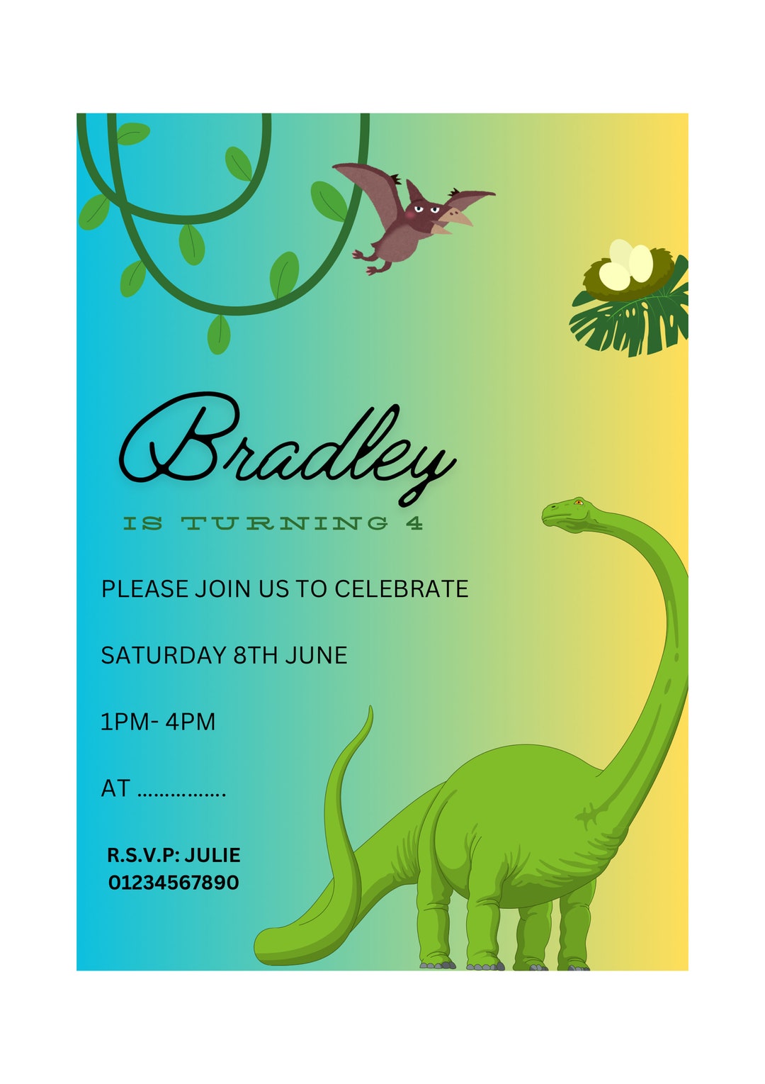 Customisable Dinosaur Birthday Invitation, Digital Template, Green ...