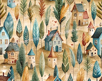Whimsical Watercolor Houses Digital Paper |cute Village Seamless ...