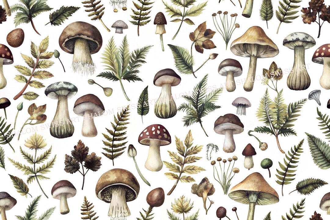 Watercolor Mushroom and Fern Seamless Pattern | Digital Download ...