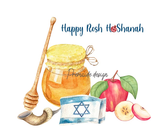 Rosh Hashanah Clipart Set. Apple and Honey, Pomegranate, Shofar and ...