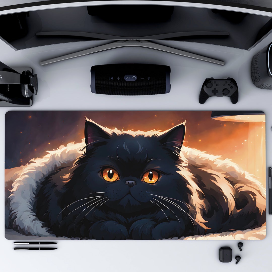 Black Persian Cat Mouse Pad Black Cat With Orange Eyes Cat Curled up in ...