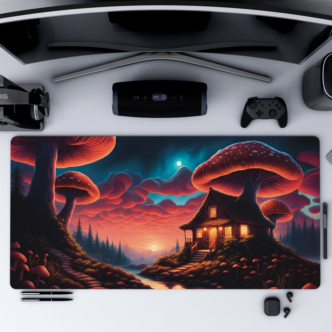 Mushroom Desk Mat Fungi Cabin Mouse Pad Woodland Desk Mat Dark ...