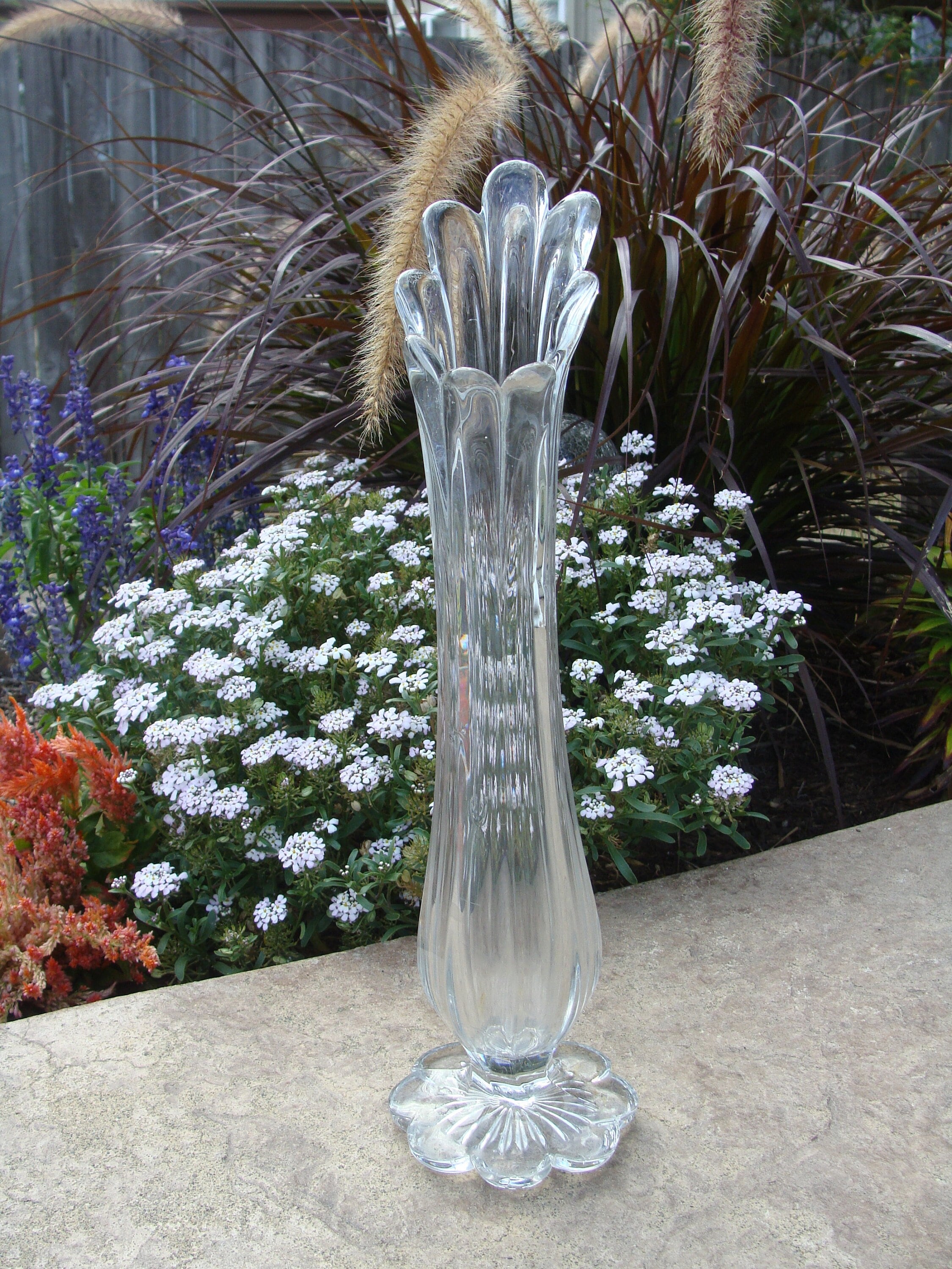 Vintage Clear Glass Swung Vase With Tapered Petal Opening and Flower ...