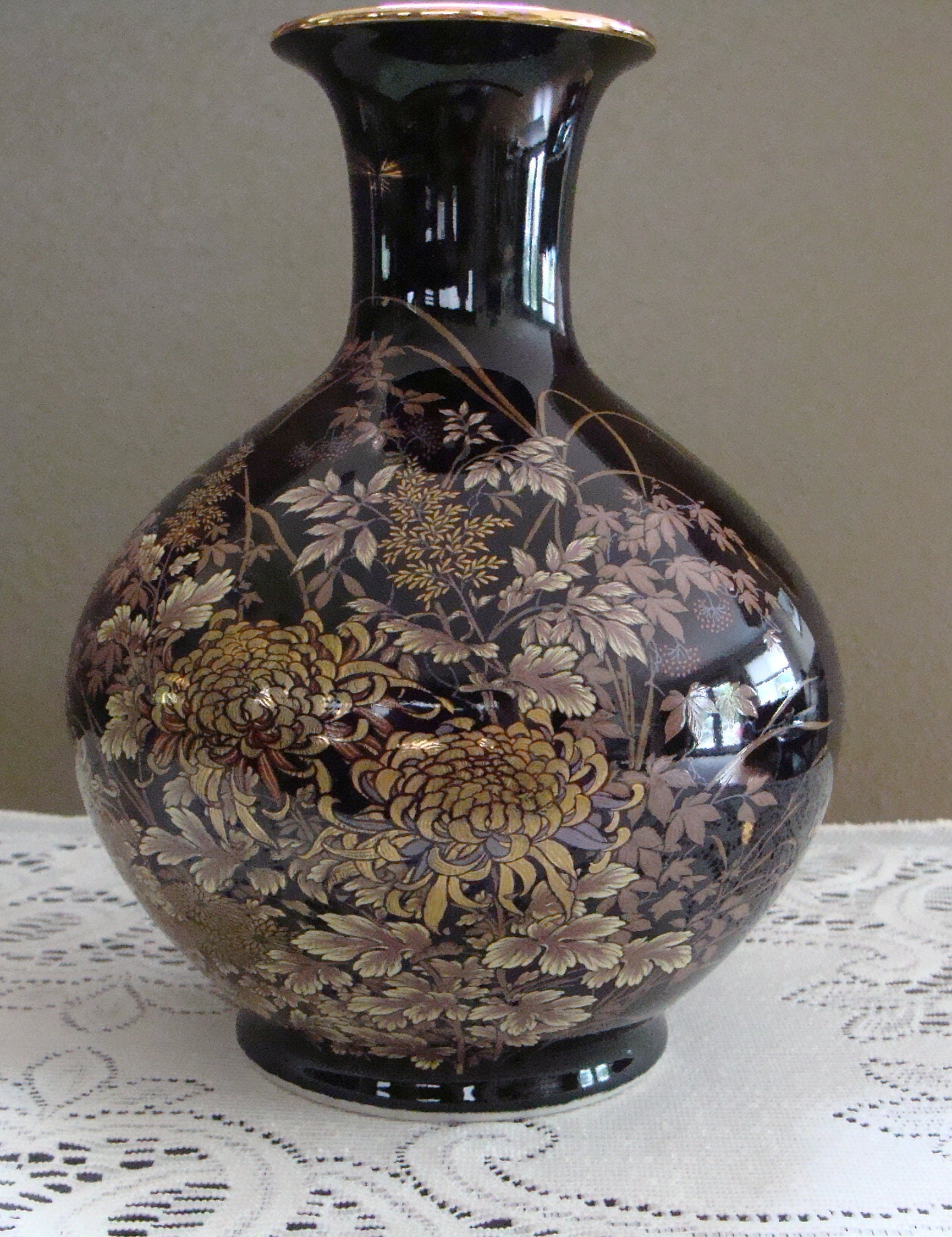 Vintage Shibata Black Porcelain Polychrome Vase With Flowers - Etsy