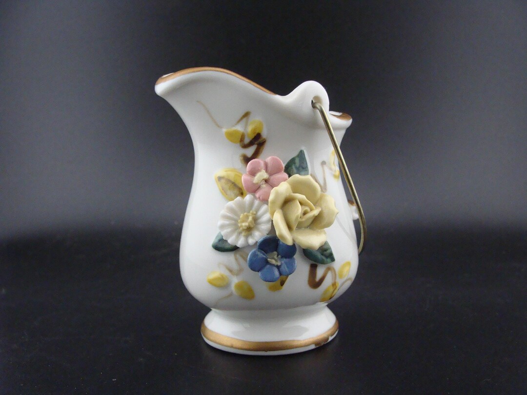 Vintage Small Ceramic Pitcher With Raised Flowers - Etsy