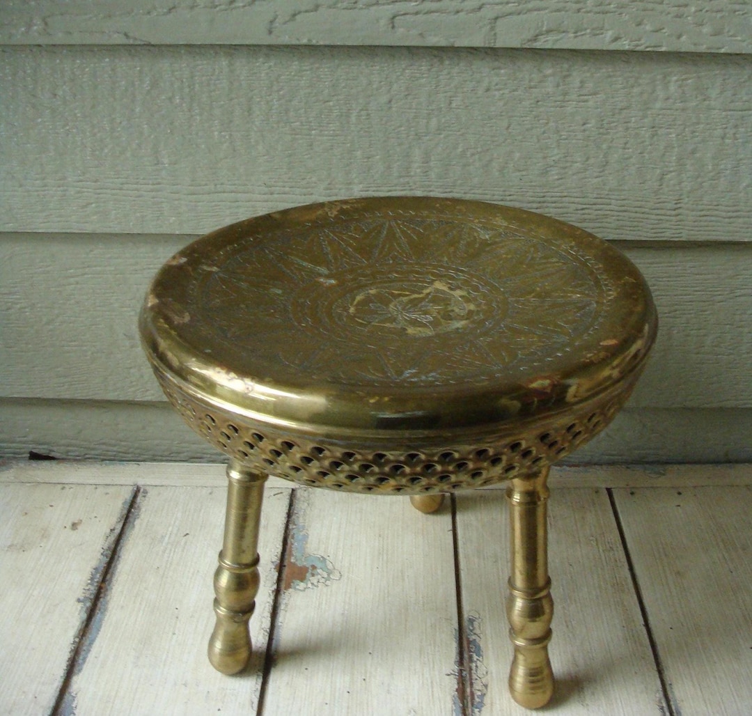 Vintage Turkish 3-legged Brass Stool, Hammered, Engraved Design, Hammam ...