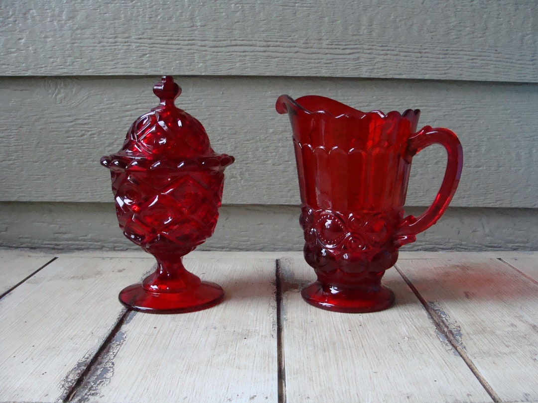Vintage Ruby Red Glass Pitcher and Candy Dish With Lid - Etsy