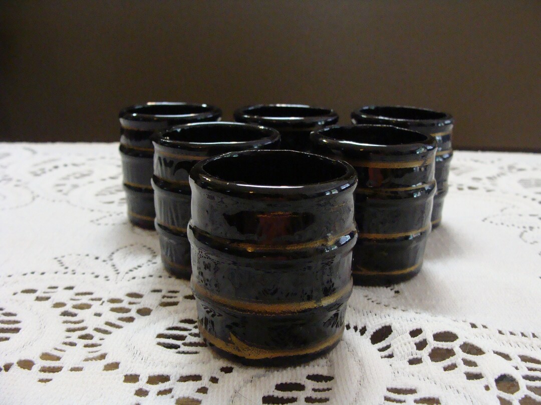 Set of Six Vintage Ceramic Sake Cups, Unique Black Bamboo Design - Etsy