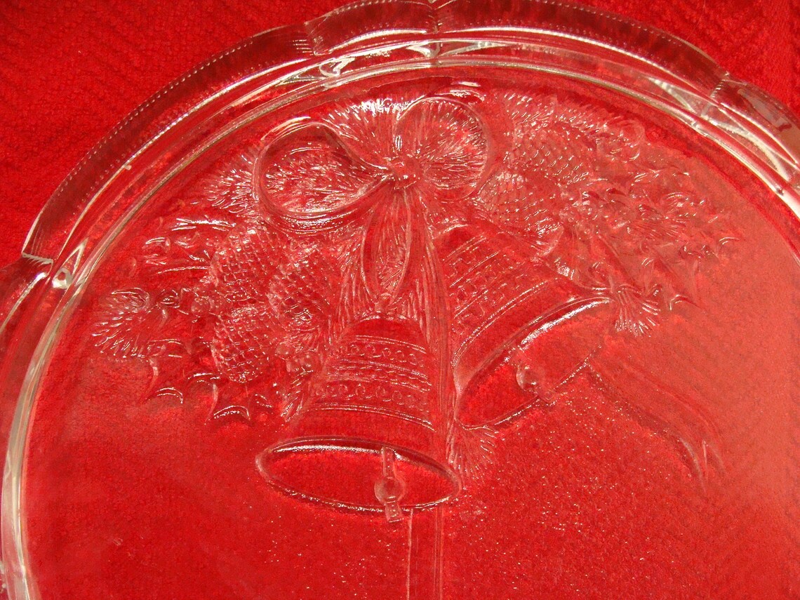 Vintage Clear Glass Serving Tray With Holiday Bells Holly and - Etsy