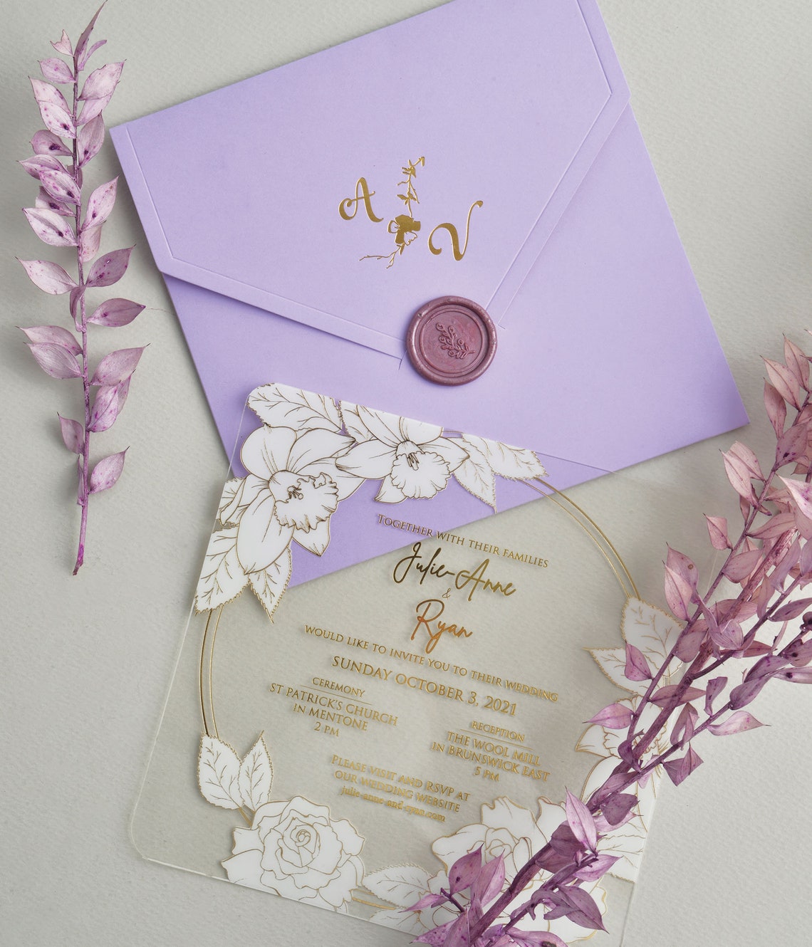 Clear Acrylic Wedding Invitation: Violet Envelope, Floral Design - Etsy
