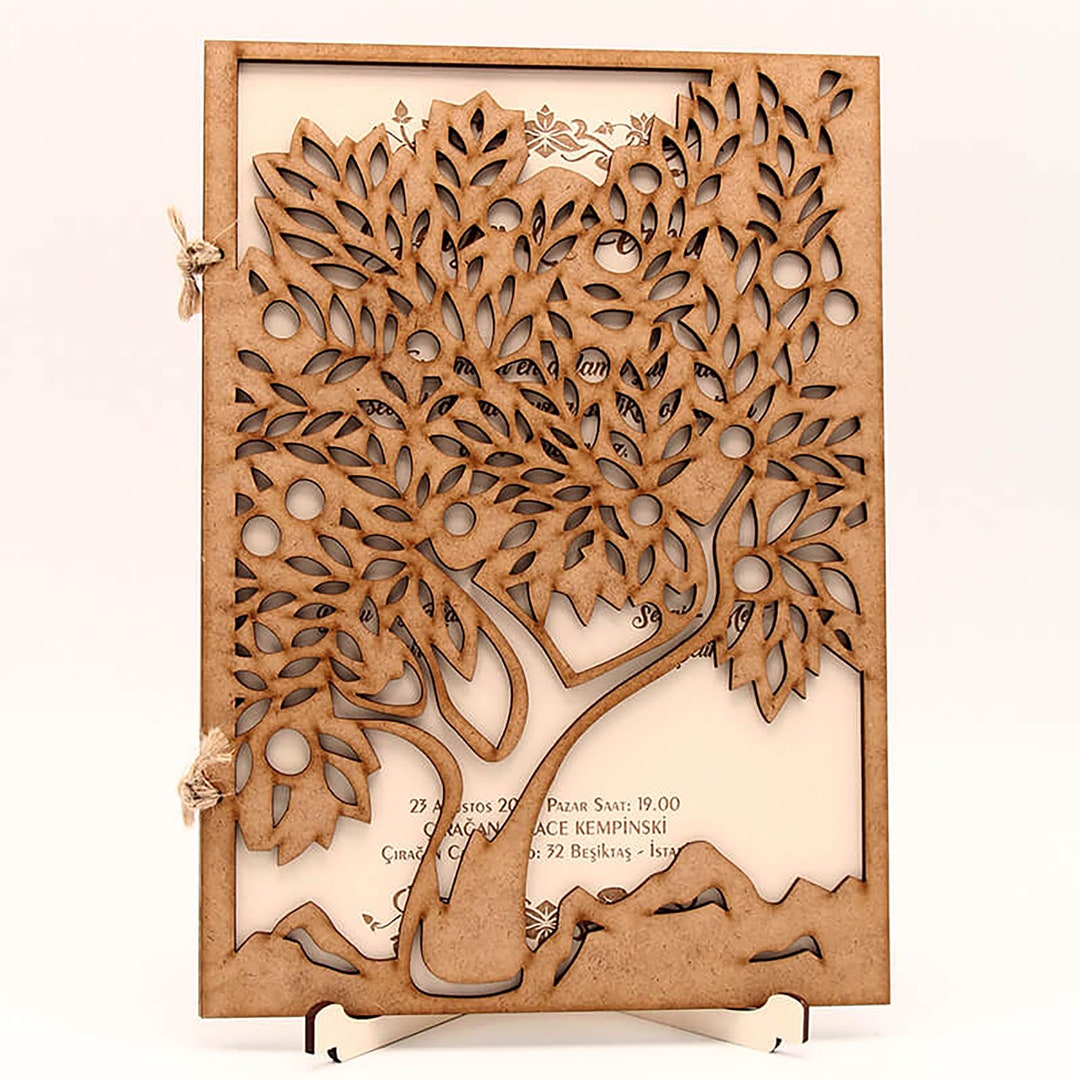 Laser Cut Tree Wedding Invitation: Burlap Envelope, Engraved Wood - Etsy