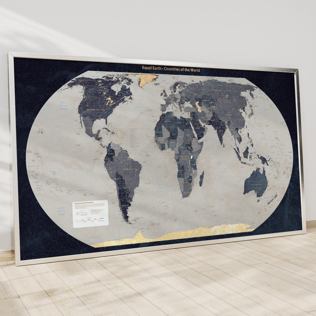 Equal Earth Map Countries of the World Poster With Bronze Accents ...