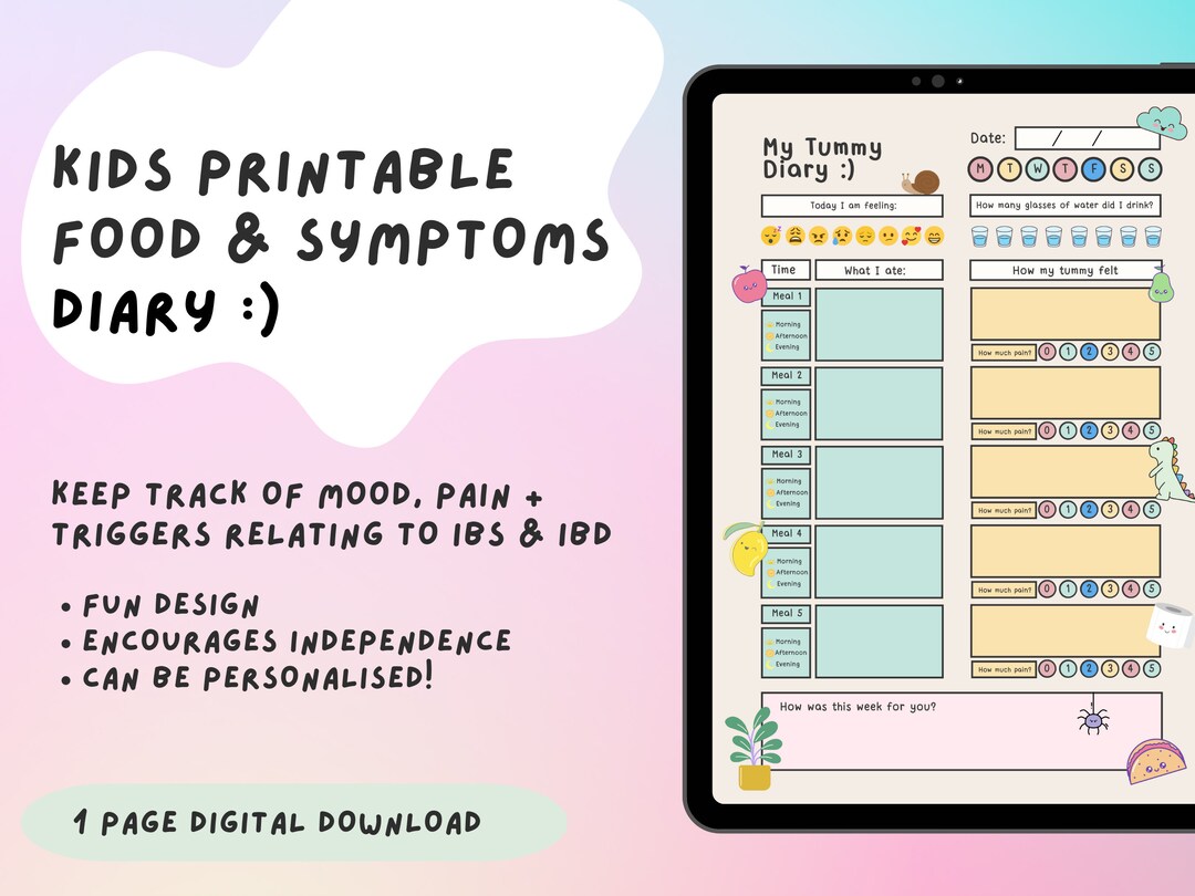 Kids Children Printable Food & Symptom Tracker | Digital Food ...