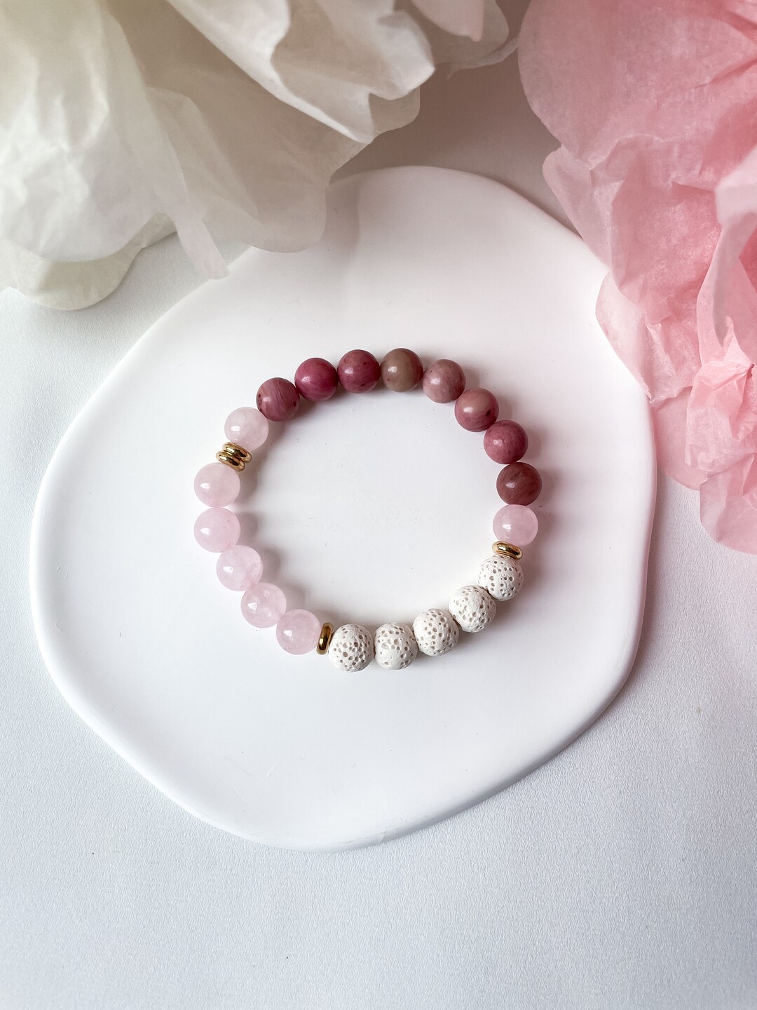Calming Bracelet | Rhodonite, Rose Quartz and White Lava Stone ...
