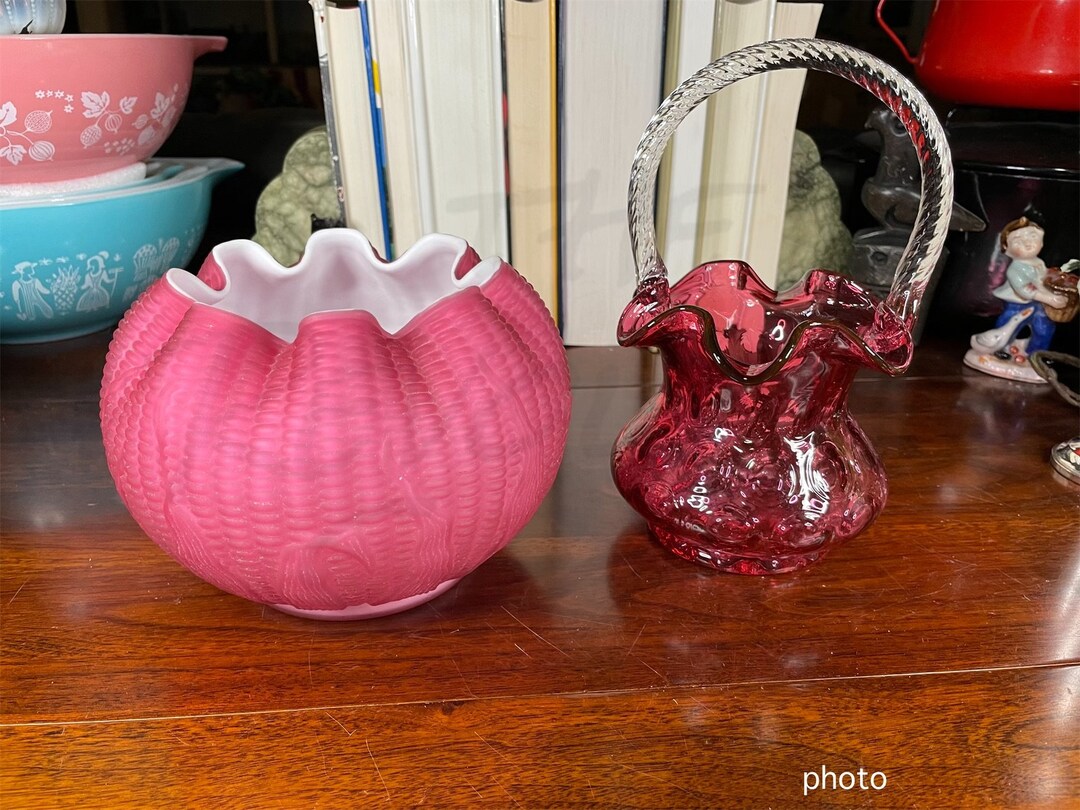 Vintage Cranberry Glass Fenton Brides Basket or Wild Rose Overlay Maize ...