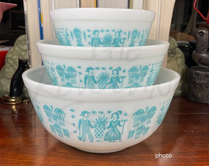 Vintage Pyrex Turquoise on White Amish Butterprint Set of 3 Mixing ...