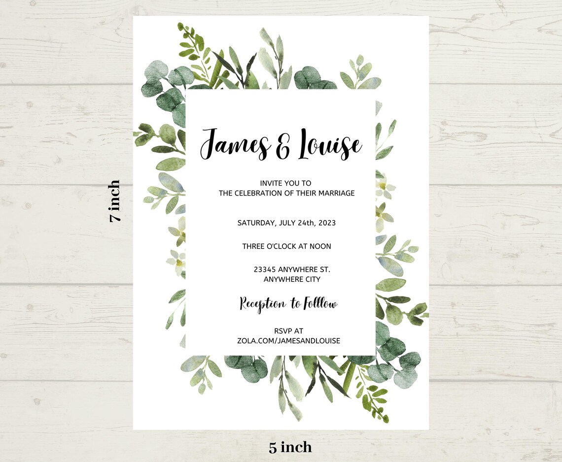 Green Leaf Wedding Invitation 5x 7 Inch, Simple Modern Wedding, Summer ...