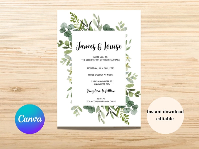 Green Leaf Wedding Invitation 5x 7 Inch, Simple Modern Wedding, Summer ...