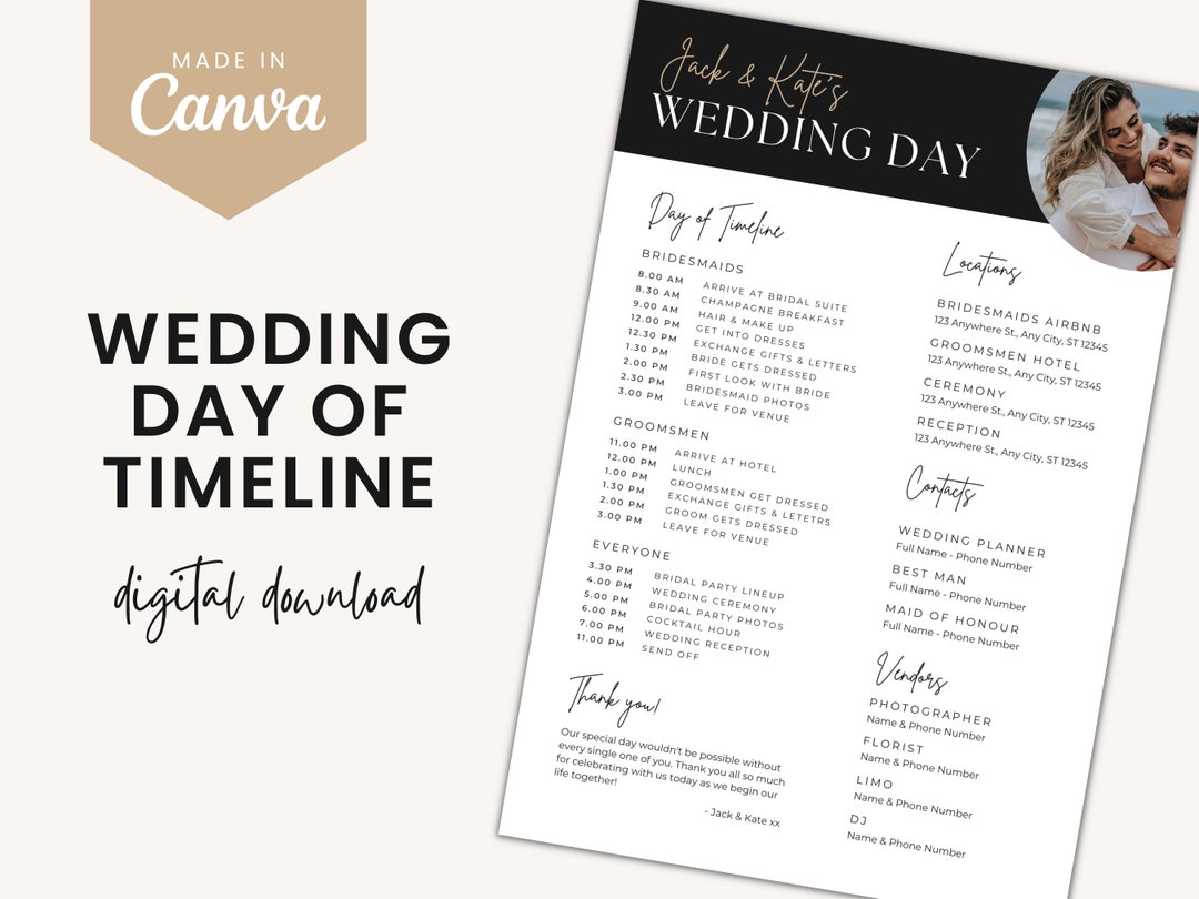 Wedding Timeline Template | Bridal Party Timeline, Wedding Party ...