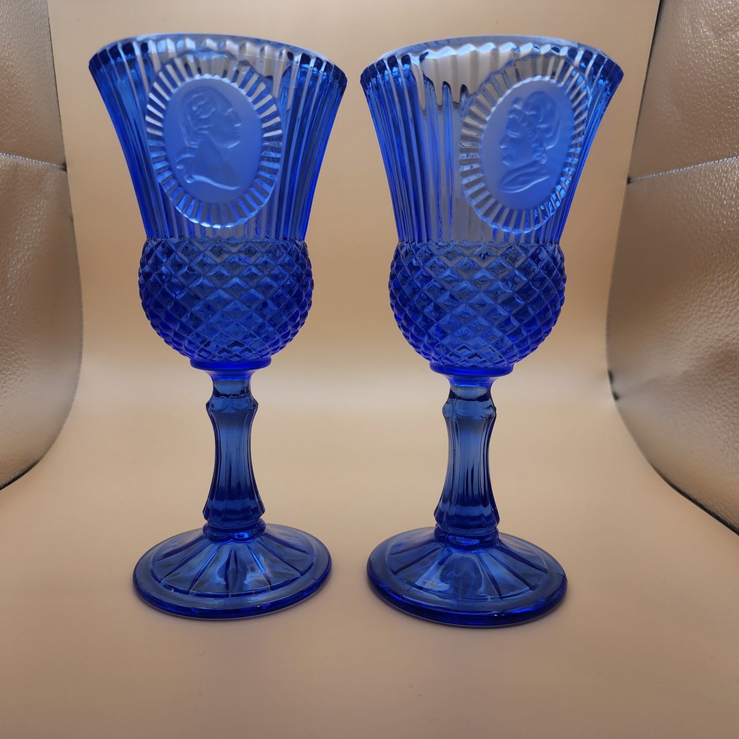 Avon Fostoria George & Martha Washington Pair Cobalt Blue Water Goblets ...
