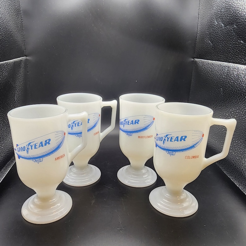 Goodyear Blimp Footed Vintage Milk Glass Irish Coffee Mugs Set of 4 ...