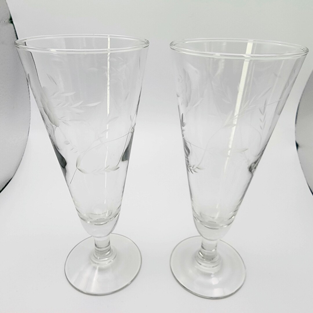 Pair of Princess House Heritage Floral Etched Pilsner Glasses- 7.5 ...