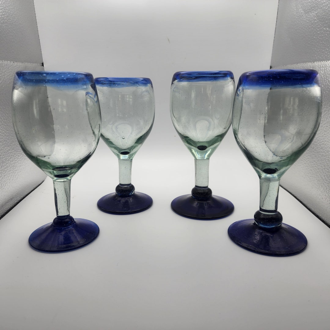 Mexican Cobalt Blue Rim & Base Hand-blown Glass Goblets Wine Glasses ...