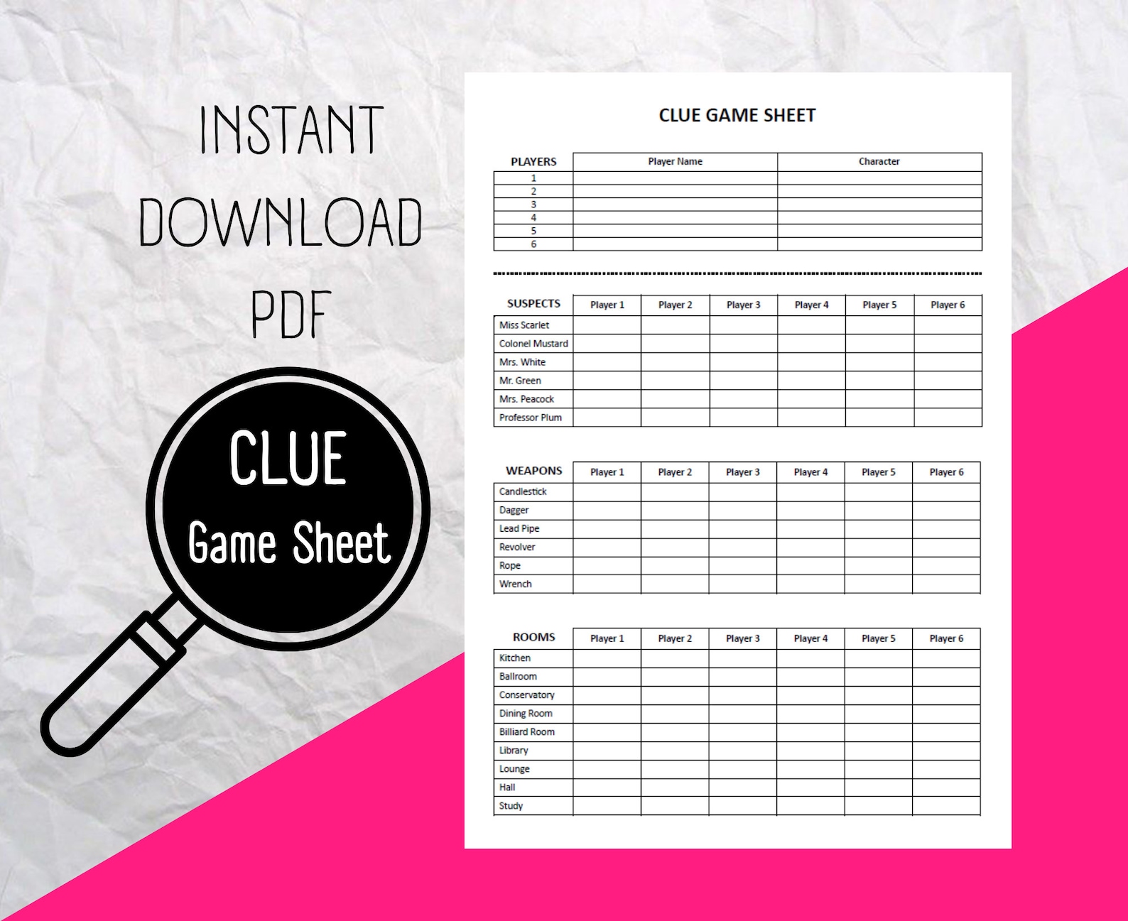 Clue/cluedo Score Sheet | Instant Download PDF - Etsy
