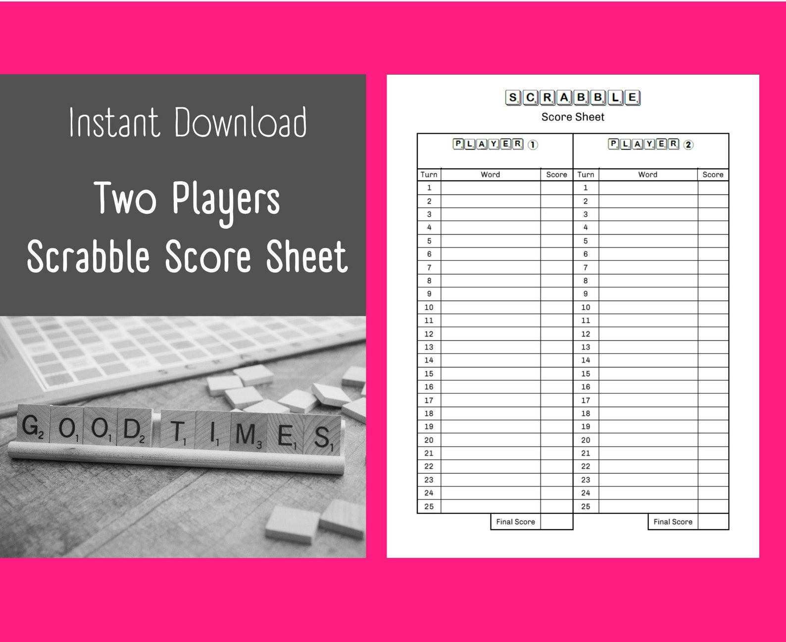 Scrabble Score Card Sheet for Two Players | Instant Download PDF - Etsy