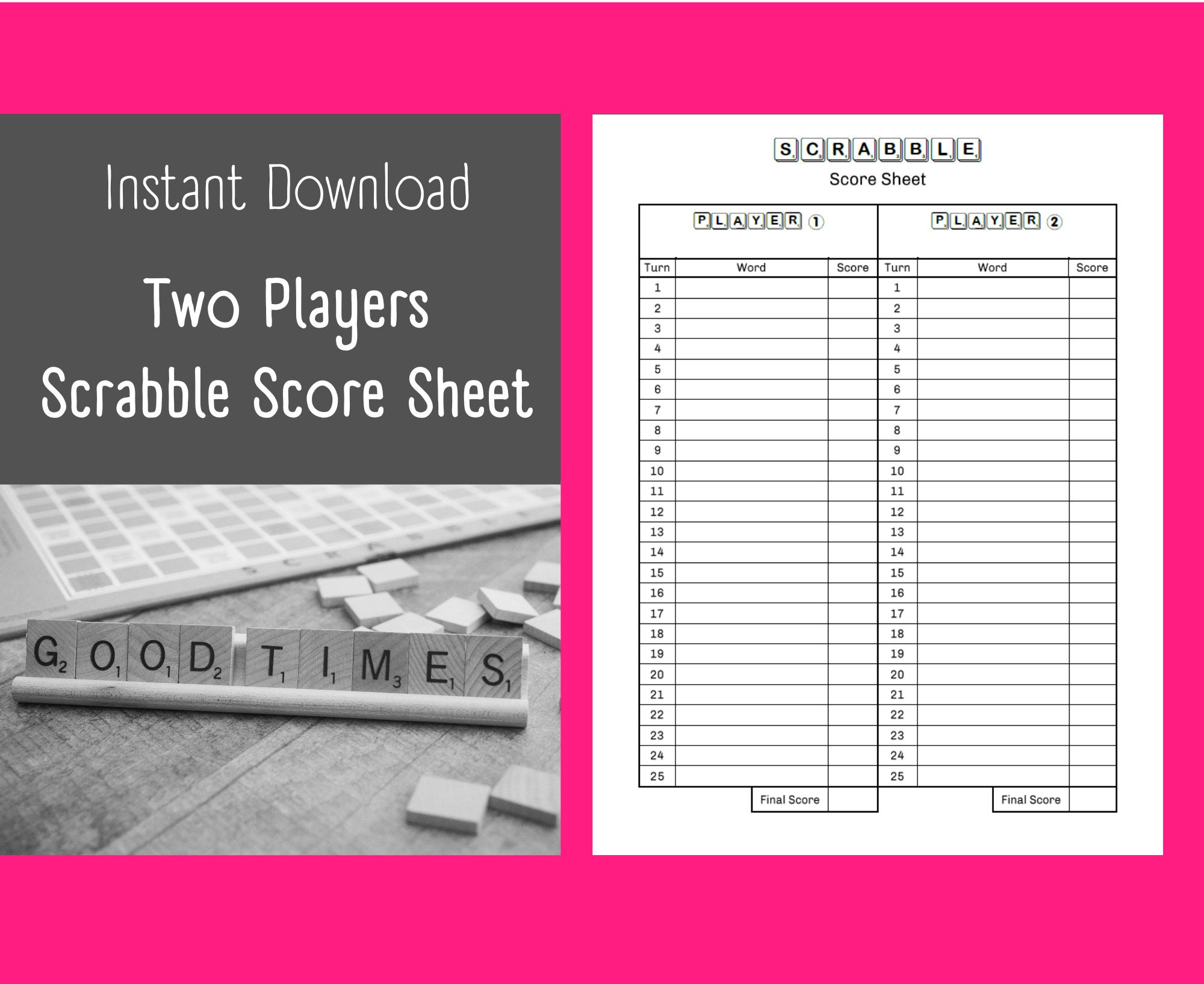 Scrabble Score Card Sheet for Two Players | Instant Download PDF - Etsy