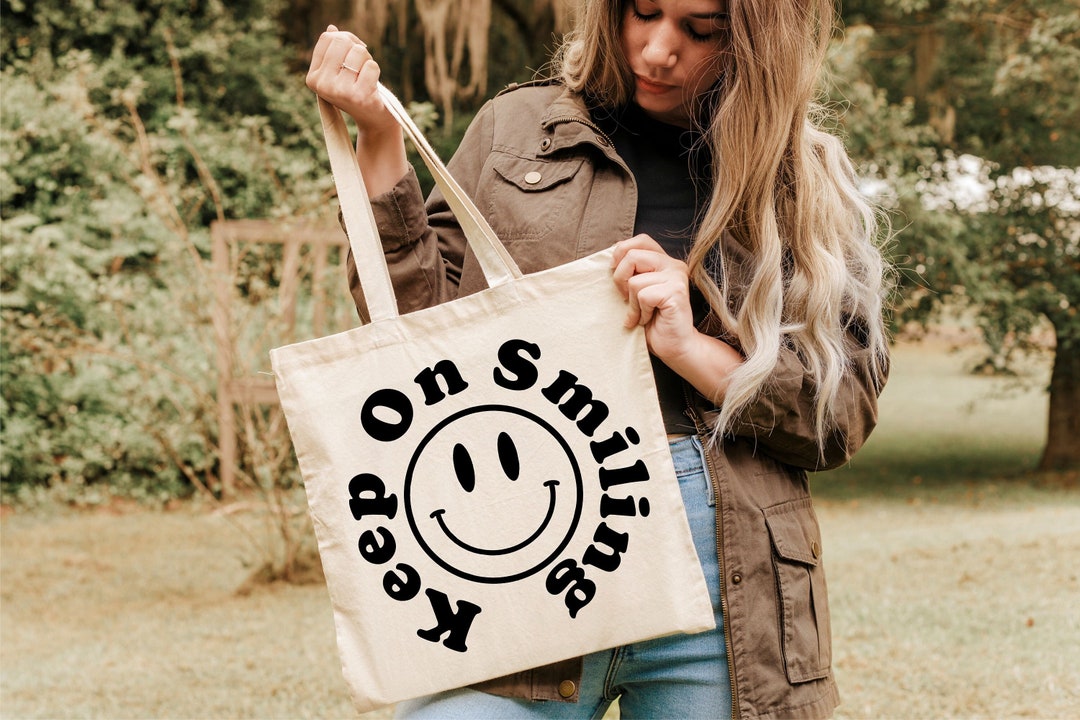 Keep on Smiling Canvas Tote Bag, Funny Sayings Tote Bag, Retro '90's ...