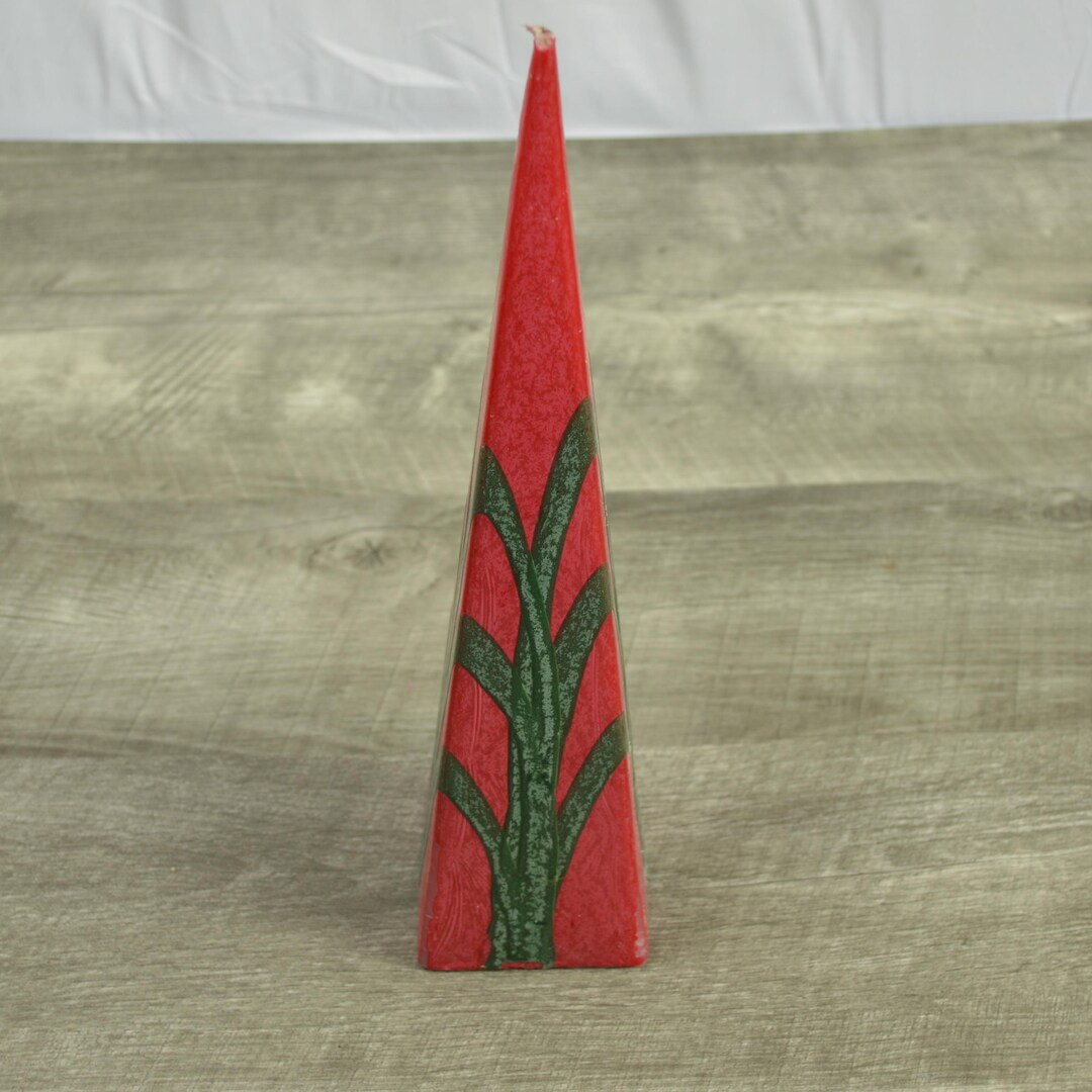 Vintage Red and Green Pyramid Shaped Candle With Leaf Pattern ...