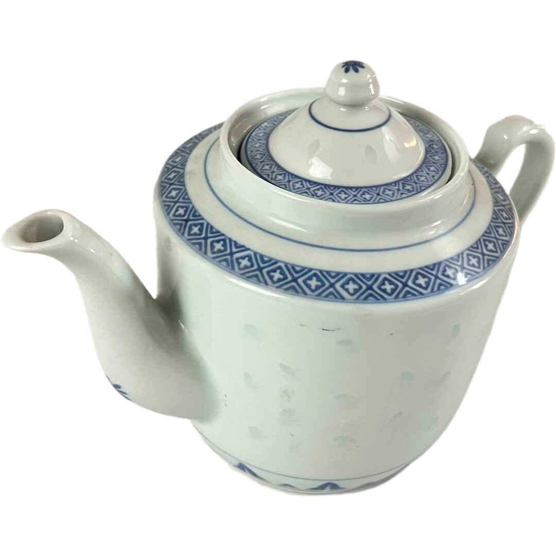 Vintage Blue & White Porcelain Teapot With Lid, Geometric Pattern, Made ...