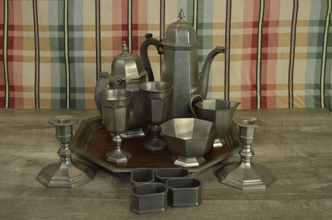 Vintage 7-piece Pewter Tea Set With Octagonal Tray Art Deco Style - Etsy